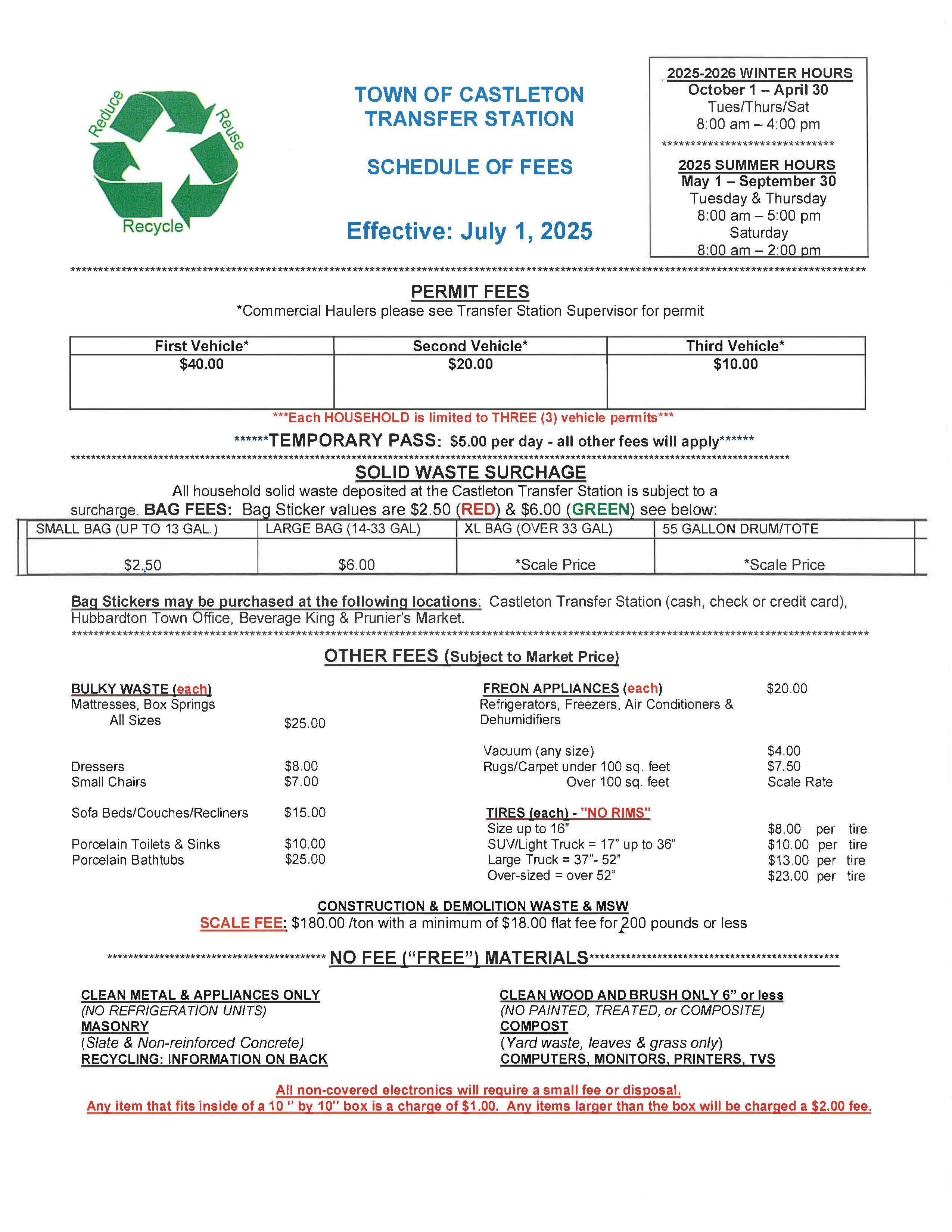 Transfer Station Schedule of Fees | Town of Castleton VT
